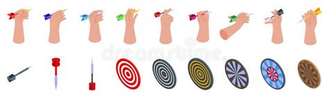 Hand Holds Dart Icons Set Person Throwing Darts At Target With Different Types Of Darts And