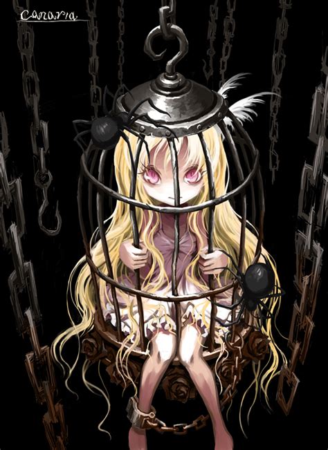 Ume Illegal Bible Original Girl Birdcage Black Background Blonde Hair Bound Bound Legs
