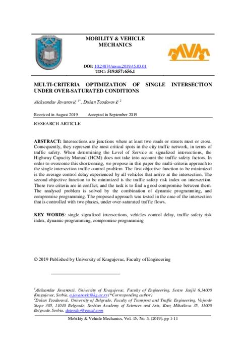 pdf multi criteria optimization of single intersection under over