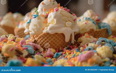 multi colored ice cream cone with candy decoration and fresh fruit