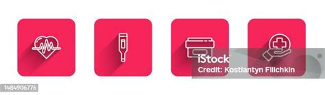 라인 심박수 의료용 디지털 온도계 연고 크림 튜브 약 및 긴 그림자가 있는 크로스 병원 의료를 설정합니다 빨간색 사각형 버튼입니다 벡터 1위에 대한 스톡 벡터 아트 및 기타