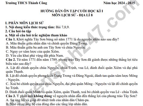 Hướng dẫn ôn tập HK1 lớp 8 môn Sử-Địa 2024 - THCS Thành Công