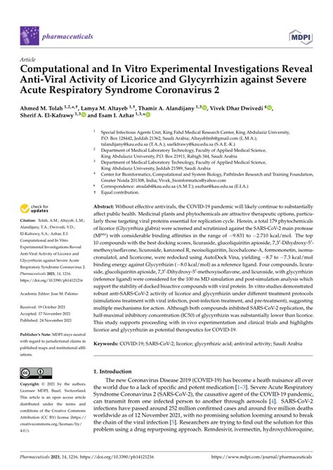 Pdf Computational And In Vitro Experimental Investigations Reveal Anti Viral Activity Of