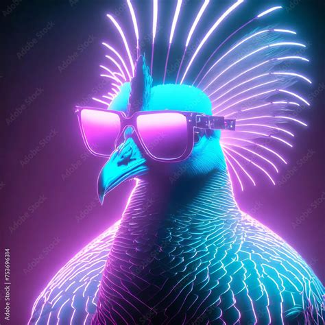 선글라스를 끼고 화려한 깃털을 가진 모호크를 입은 펑크 록 공작 Illustration Stock Adobe Stock