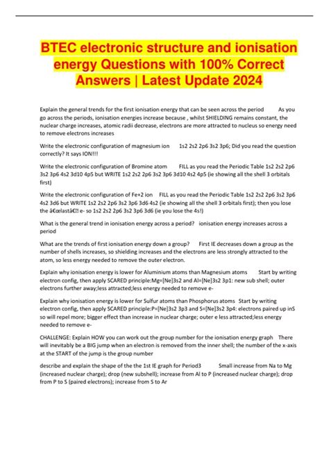 Btec Electronic Structure And Ionisation Energy Questions With 100 Correct Answers Latest