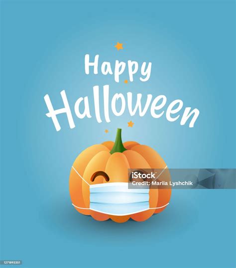 해피 할로윈 귀여운 인사말 카드 디자인 템플릿 코로나바이러스 독감 및 박테리아로부터 보호하기 위해 의료 용 마스크를 착용한 오렌지 호박 벡터 일러스트레이션 10월에 대한
