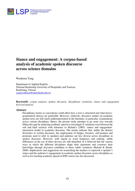 Pdf Stance And Engagement A Corpus Based Analysis Of Academic Spoken
