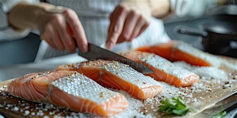 The Head Chef Slices Salmon Fillet In The Restaurant Kitchen Close Up Photo Stock Image Image