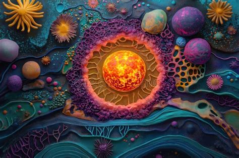Vibrant Microscopic Cell Structure With Glowing Nucleus And Intricate