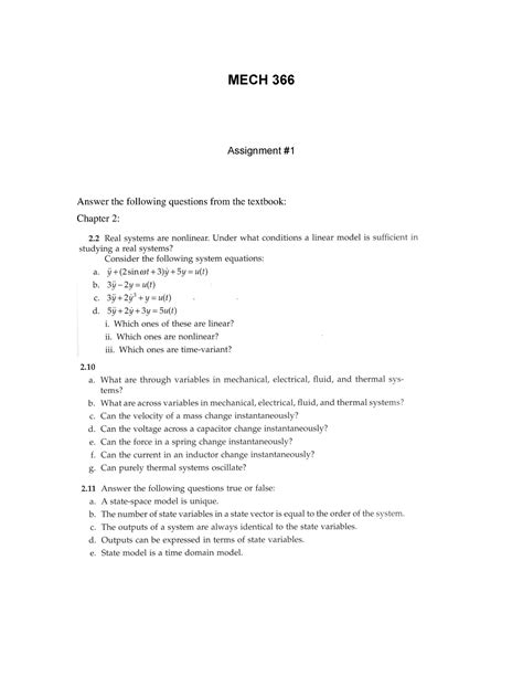 Modeling Of Mechatronic Systems Assignments Ass 1 4 Sol MECH 366 MECH 366 Assignment