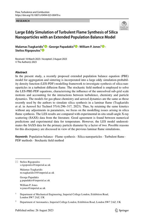 Pdf Large Eddy Simulation Of Turbulent Flame Synthesis Of Silica Nanoparticles With An