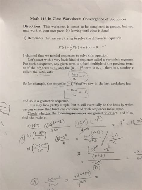 Solved Math 116 In Class Worksheet Convergence Of Sequences