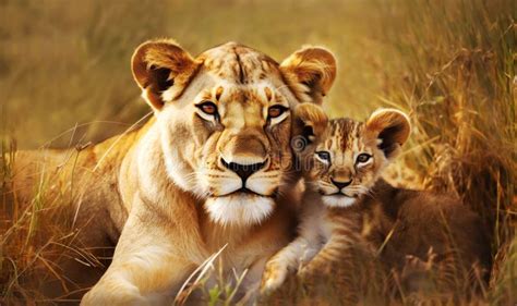 Close Up Of A Female Lion With A Cub Stock Illustration Illustration