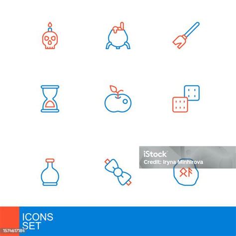 세트 라인 마법 룬 나비 넥타이 물약이 든 병 게임 주사위 오래된 모래 시계 독 사과 마녀 빗자루 및 가마솥 아이콘 벡터 가능성에 대한 스톡 벡터 아트 및 기타 이미지