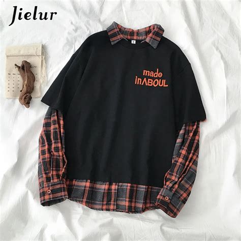 Jielur 격자 무늬 패치 워크 스웨트 셔츠 여성용 회색검정흰색 후드 스트리트 패션 루즈한 폴로 여성 스웨터후드티