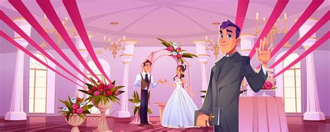 웨딩 아치 아래 신랑과 신부 무료 벡터