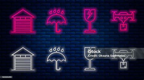 세트 라인 우산과 비 방울 깨지기 쉬운 깨진 유리 기호 폐쇄 창고 및 패키지와 배달 무인 항공기 벽돌 벽에 빛나는 네온 아이콘 벡터 건축하기에 대한 스톡 벡터 아트 및 기타
