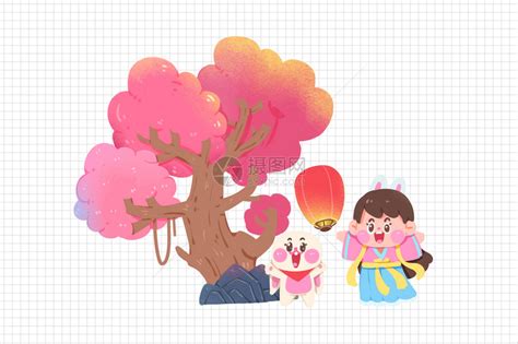 手绘卡通简笔画中秋节之嫦娥玉兔放灯笼插画图片下载 正版图片402644046 摄图网