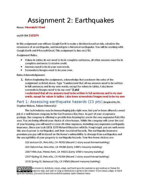 Assignment 2 Earthquakes Sp23 Assignment 2 Earthquakes Name