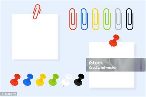 종이 클립 푸시 핀 컬러 푸시 핀과 빈 메모지가있는 종이 클립 메모용 템플릿입니다 벡터 일러스트 레이 션 압정에 대한 스톡 벡터 아트 및 기타 이미지 Istock