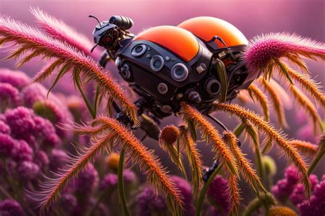 Tiny Robotic Insect Exploring A Vibrant Flower Premium Ai Generated Image