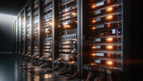 Data Center Multiple Rows Of Operational Server Racks Concept Of Cloud Computing Artificial