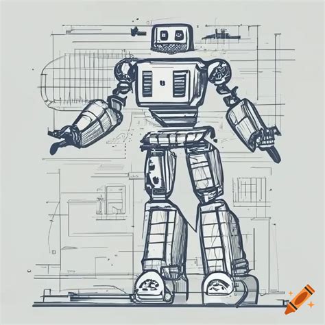 Robot Concept Drawing Technical Blueprint Retro Drafting Style Schematic Diagram Concept