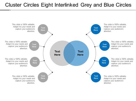 cluster circles eight interlinked grey and blue circles powerpoint