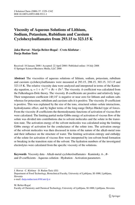 Pdf Viscosity Of Aqueous Solutions Of Lithium Sodium Potassium Rubidium And Caesium