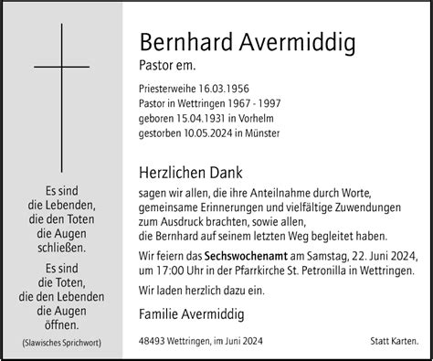 Traueranzeigen Von Bernhard Avermiddig Trauer Ms