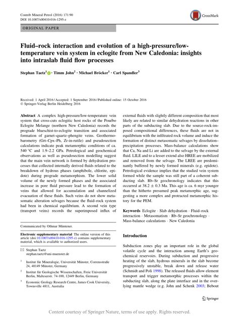 Fluidrock Interaction And Evolution Of A High Pressurelow Temperature