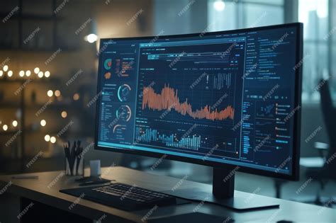 A Curved Desktop Monitor Displaying Data Analysis Graphs And Charts Premium Ai Generated Image