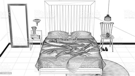 인테리어 디자인 프로젝트 흑백 잉크 스케치 현대 침실 침대 나무 침대 머리 미니 멀리즘 건축 인테리어 디자인 상위 뷰를 보여주는 건축 청사진 0명에 대한 스톡 사진 및 기타