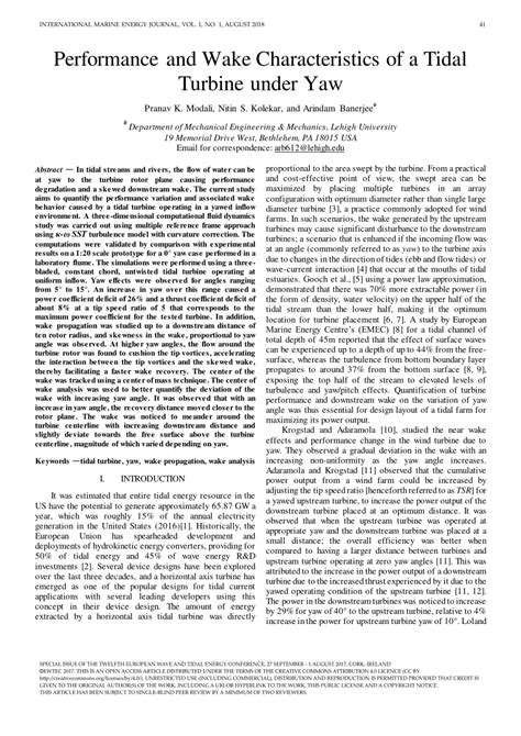 Pdf Performance And Wake Characteristics Of A Tidal Turbine Under Yaw
