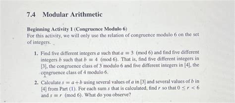 Solved 74 Modular Arithmetic Beginning Activity 1