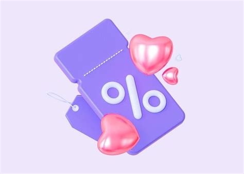 백분율 기호가 있는 3d 보라색 쿠폰입니다 마음으로 낭만적인 구성입니다 프리미엄 사진 웹 디자인 템플릿 웹디자인 아이디어