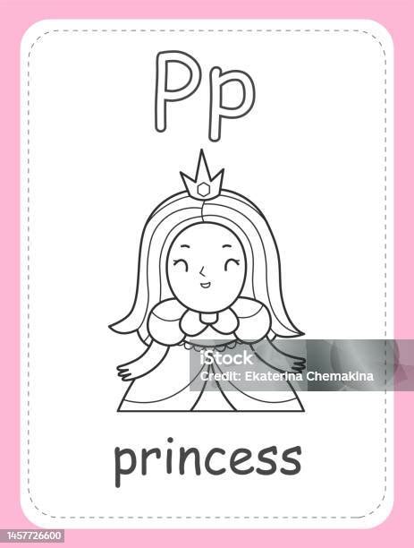 문자 P와 공주와 아이들을위한 알파벳 색칠 공부 카드 아이들을위한 교육 카드 단어 공주 영어 알파벳 벡터 그림입니다 공부에 대한 스톡 벡터 아트 및 기타 이미지 Istock
