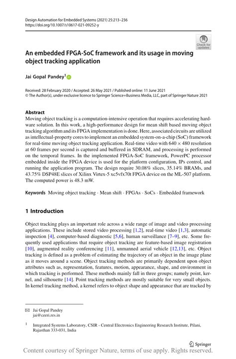 An Embedded Fpga Soc Framework And Its Usage In Moving Object Tracking Application Request Pdf