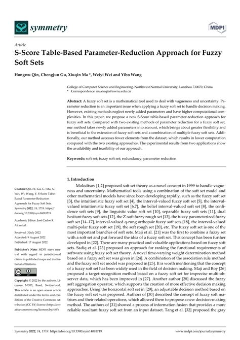 Pdf S Score Table Based Parameter Reduction Approach For Fuzzy Soft Sets