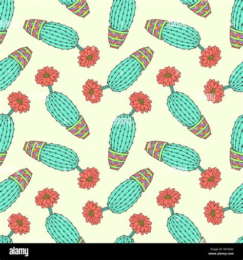 Seamless Pattern With Colorful Hand Drawn Cactuses Vector Illustration