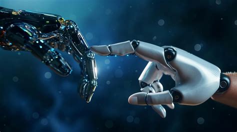 Premium Photo The Human Finger Delicately Touches The Finger Of A Robots Metallic Finger