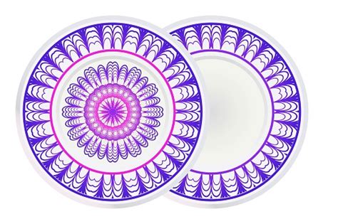 만다라 꽃 장식으로 인테리어 디자인에 대 한 2 일치 장식 번호판의 설정 빈 접시 도자기 접시 디자인 모의입니다 벡터 일러스트입니다 보라색 그라데이션 색상 0명에 대한 스톡