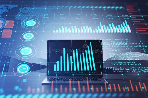 Close Up Of Laptop Computer With Glowing Digital Interface Business Charts And Coding Language