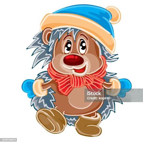 장갑 모자와 스카프를 입은 귀여운 고슴도치 캐릭터 만화 일러스트 흰색 배경에 고립 된 물체 벡터 일러스트 고슴도치에 대한 스톡 벡터 아트 및 기타 이미지 Istock