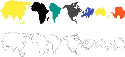 개요 실루엣 7 대륙 지도 세트 흰색 배경에 고립 프리미엄 벡터