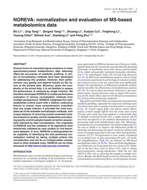 Pdf Noreva Normalization And Evaluation Of Ms Based Metabolomics Data
