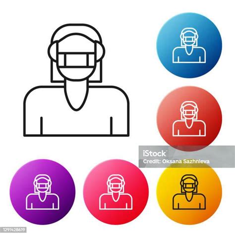 검은 줄 여자는 흰색 배경에 고립 된 의료 보호 마스크 아이콘에 얼굴 격리 아이콘 을 다채로운 원 버튼을 설정합니다 벡터 감기와 독감에 대한 스톡 벡터 아트 및 기타 이미지