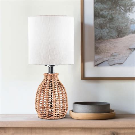 Haiifaz Small Rattan Table Lamp 3 Color Temperature Boho Bedside Lamp Handmade Woven Wicker