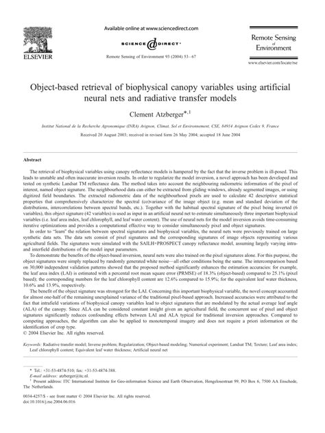 Pdf Object Based Retrieval Of Biophysical Canopy Variables Using Artificial Neural Nets And