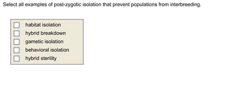 Solved Select All Examples Of Post Zygotic Isolation That
